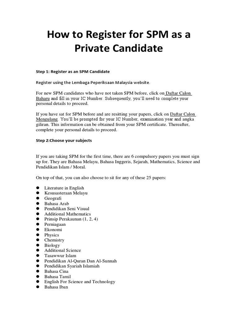 How to Register for SPM as a Private Candidate | PDF | Student ...