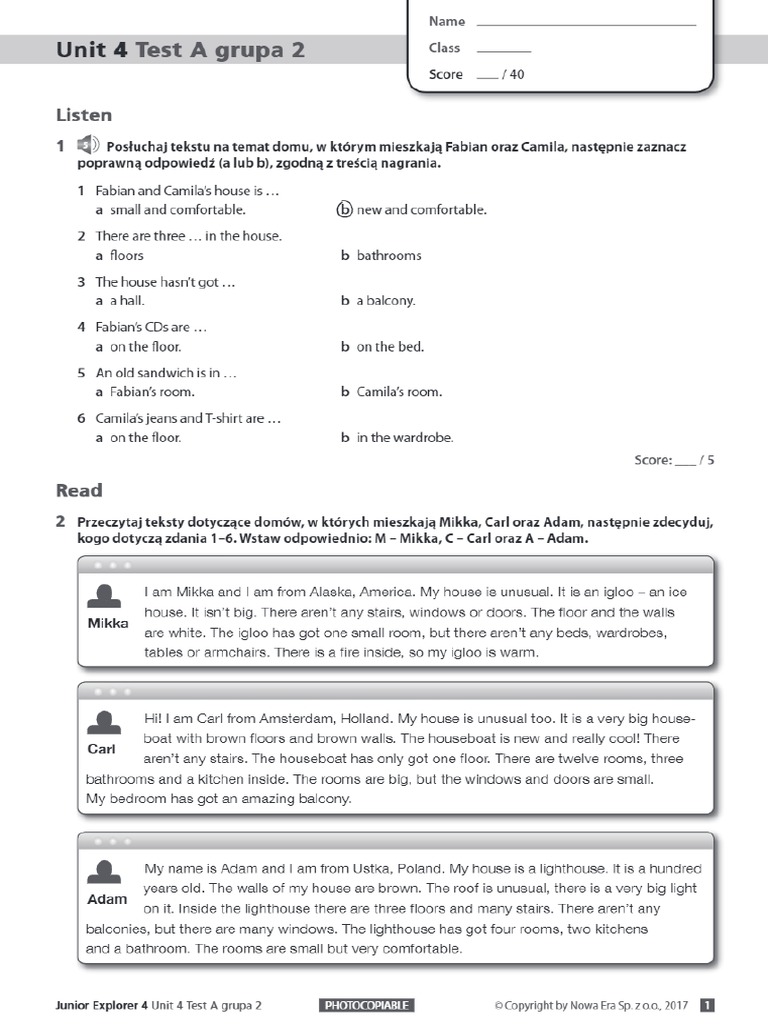 Junior Explorer 4 Unit 4 Test A Grupa 2 | PDF