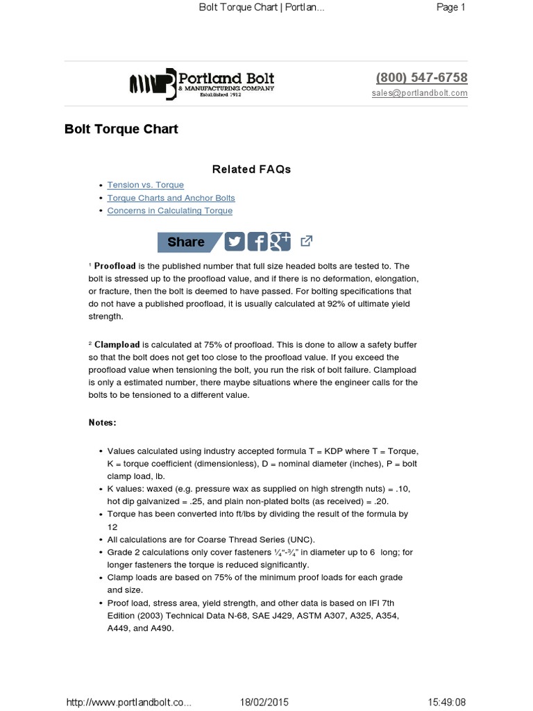 Bolt Torque Chart | PDF | Screw | Mechanics