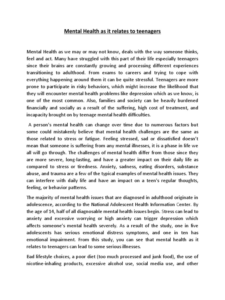 Mental Health as it relates to teenagers essay | PDF | Mental Health ...