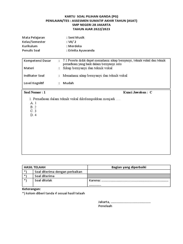 Kartu Soal Asat Seni Musik Kurmer | PDF