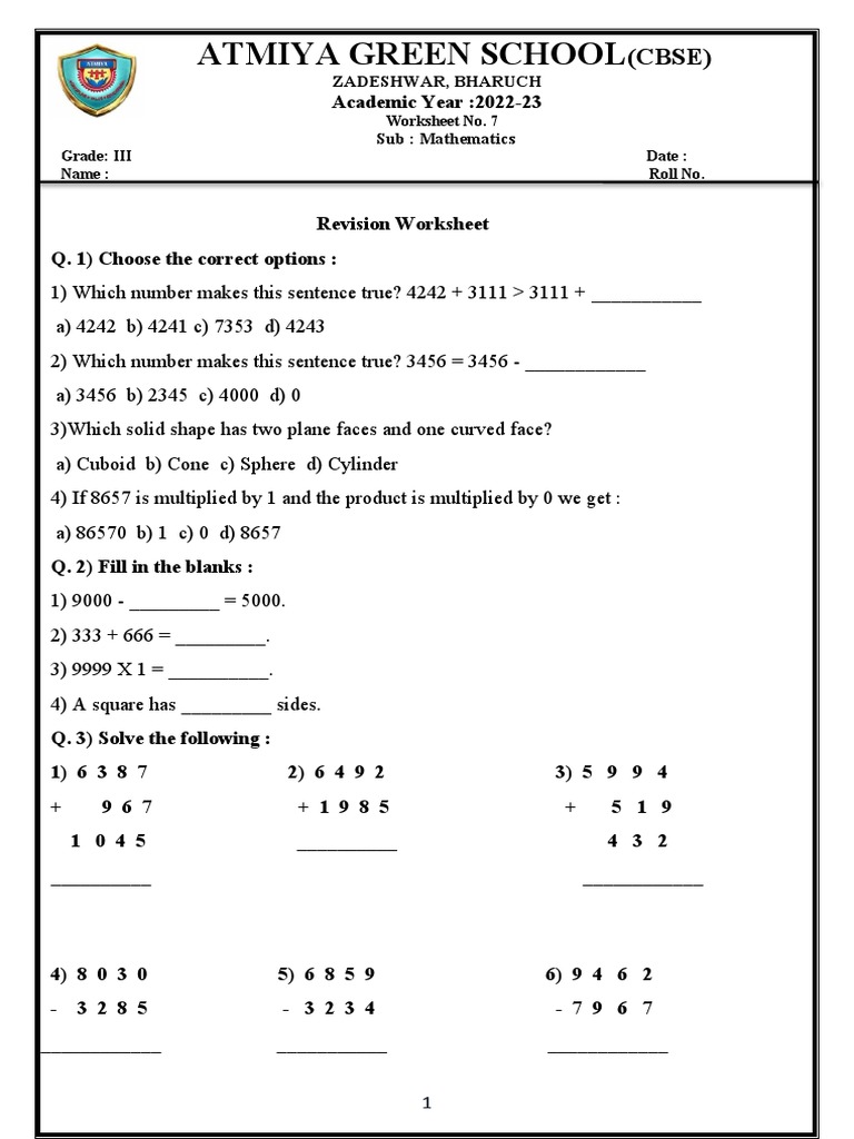 Grade 3 Mathematics Revision Worksheet | PDF