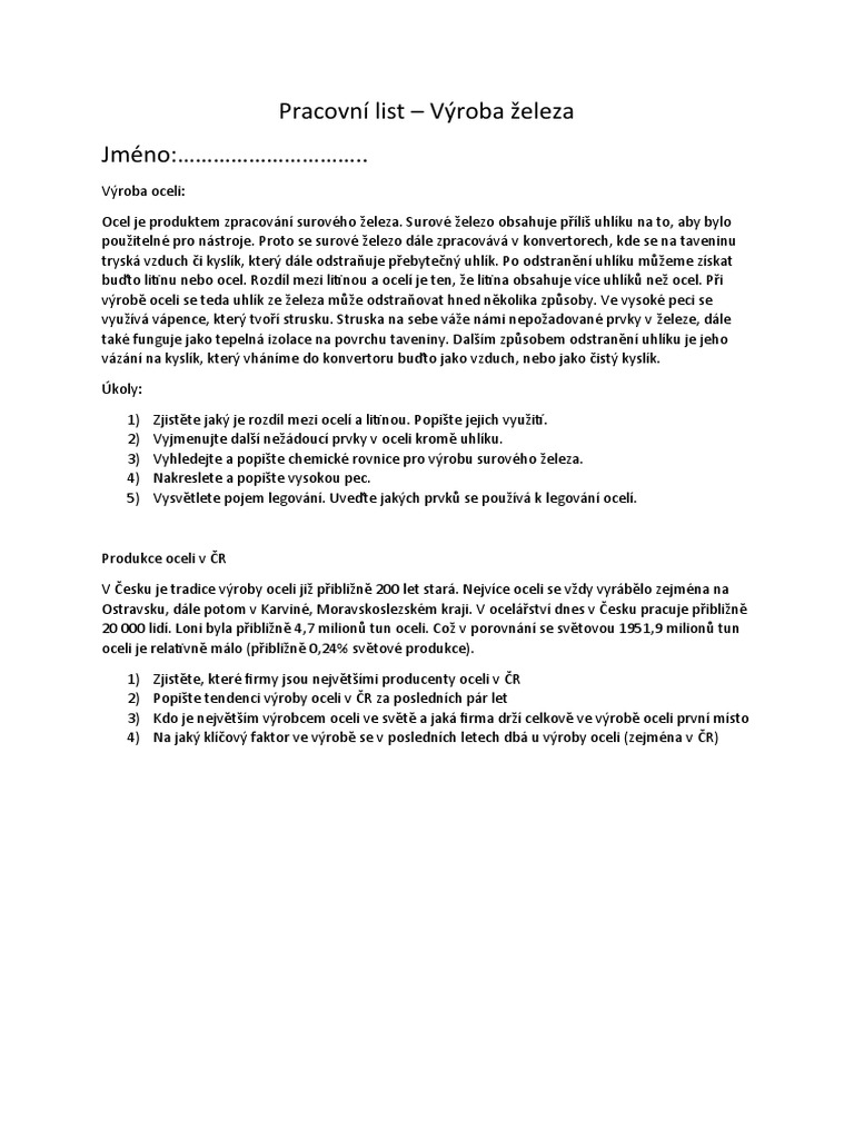 Pracovni List - Vyroba Zeleza | PDF