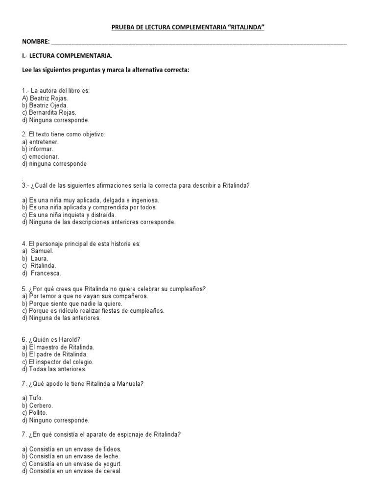 Prueba de Lectura Complementaria Ritalinda | PDF
