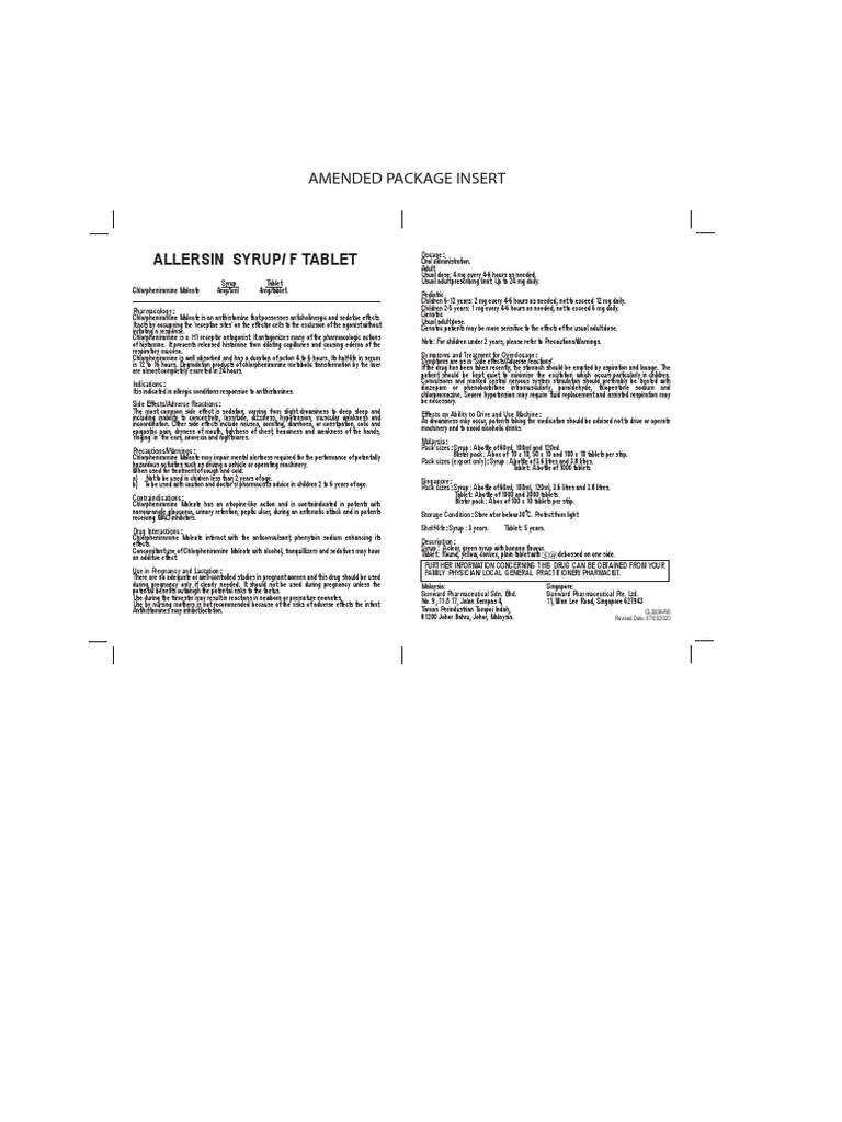 Allersin Syrup/ F Tablet: Amended Package Insert | PDF | Pharmaceutical ...