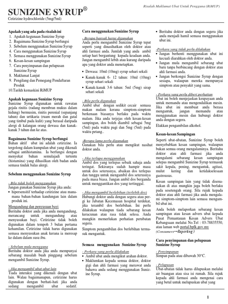 Sunizine Syrup 5mg5ml Cetirizine Sunward Pharmaceutical Sdn. Bhd ...