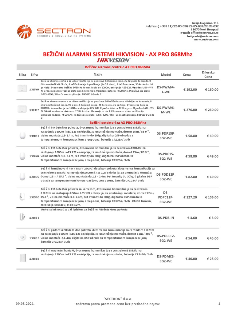 Sectron Cenovnik HIK Alarmnih Sistema Avgust 2021 | PDF