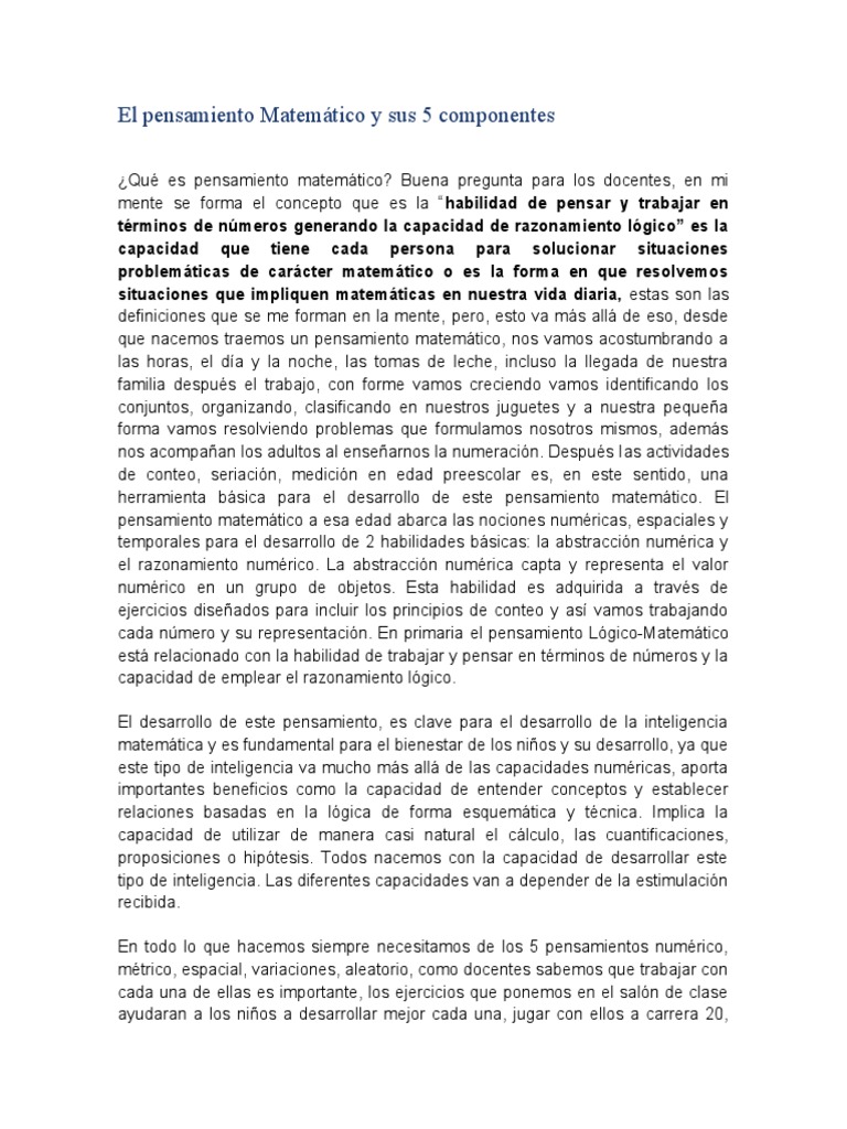 El Pensamiento Matemático y Sus 5 Componentes | PDF El Pensamiento Matemático y Sus 5 Componentes | PDF