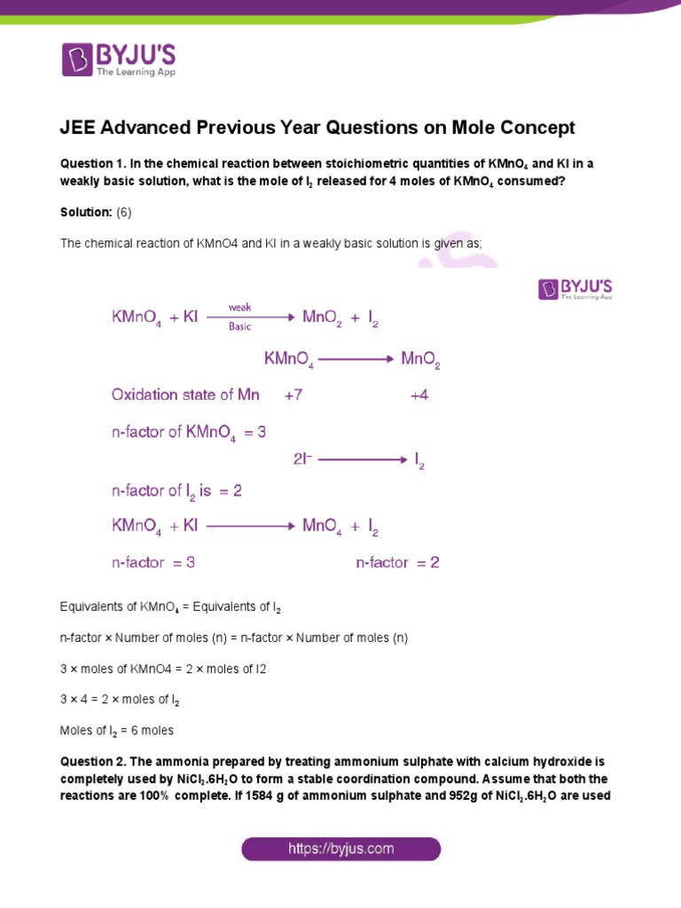 JEE Advanced Previous Year Questions On Mole Concept | PDF | Mole (Unit ...