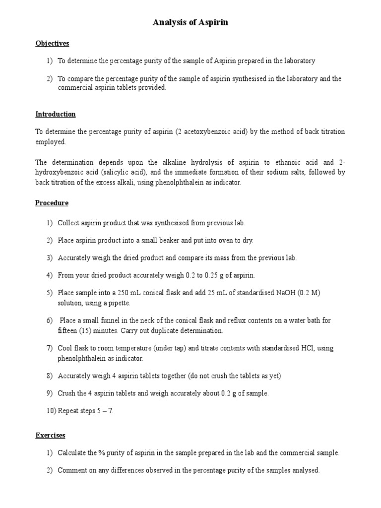 Aspirin Purity Analysis Lab Report | PDF