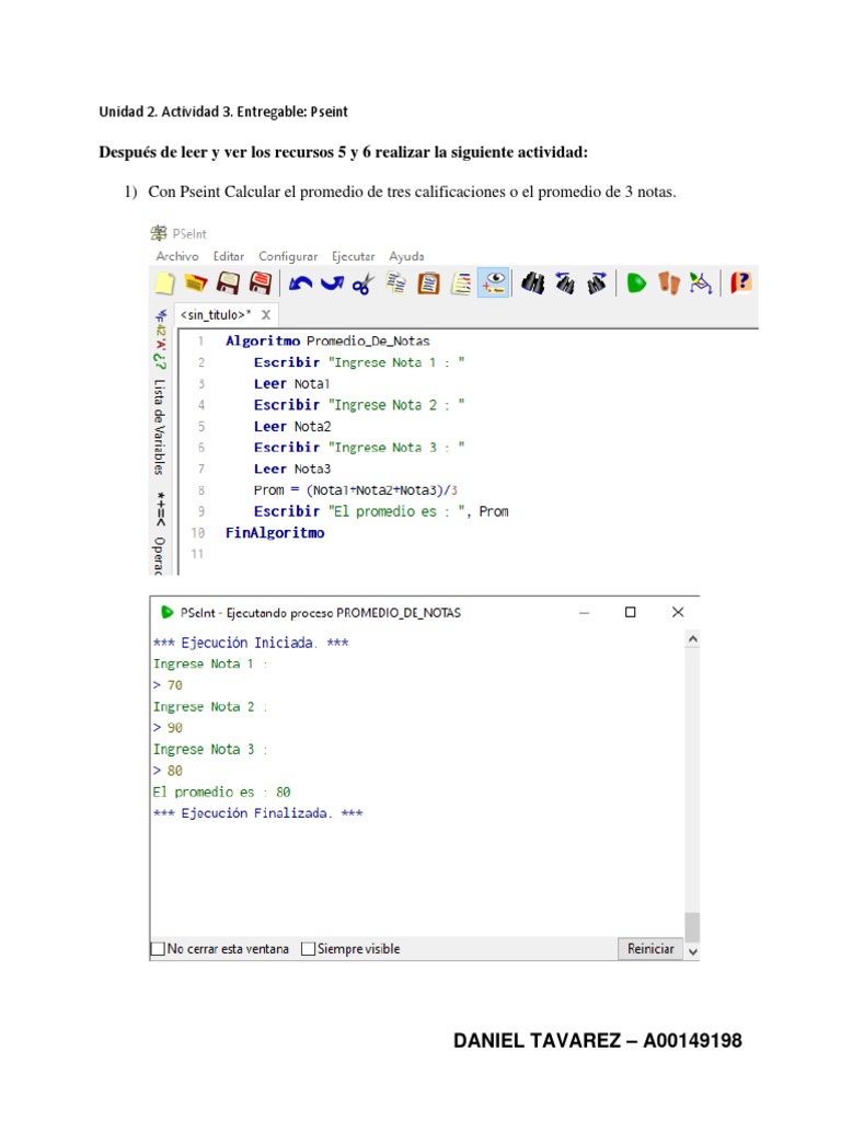 Tavarez Daniel Unidad 2. Actividad 3. Entregable Pseint | PDF