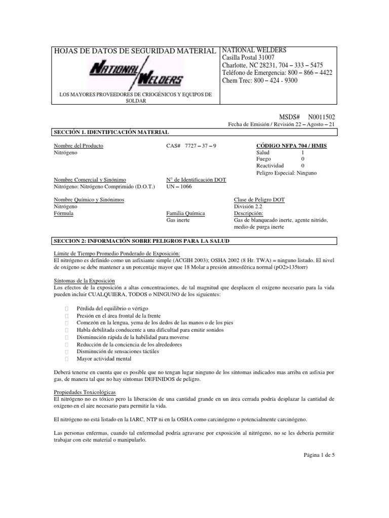 MSDS Nitrogeno - Afex | PDF