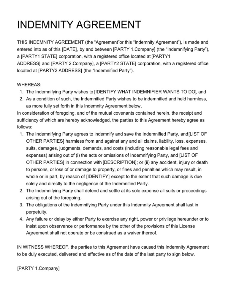 Indemnity Agreement | Download Free PDF | Indemnity | Law Of Obligations