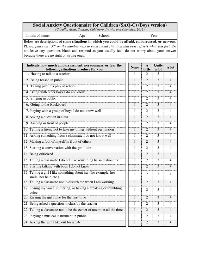 Social Anxiety Questionnaire For Children - Meninos | PDF | Anxiety ...