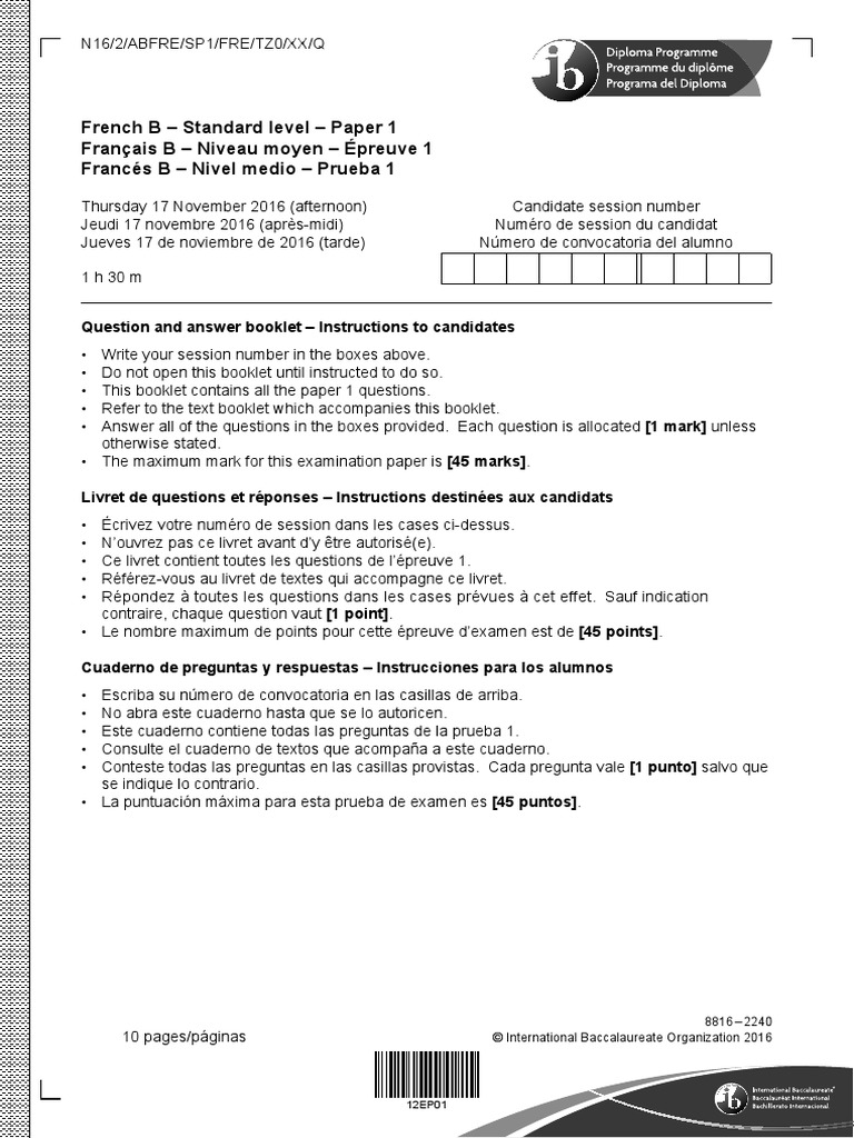 IB Français B Niveau Moyen Épreuve 1 | PDF | Altruisme | Psychologie