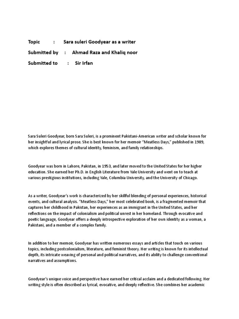 Sara Suleri Goodyear As A Writer | PDF | Feminism | Gender Studies