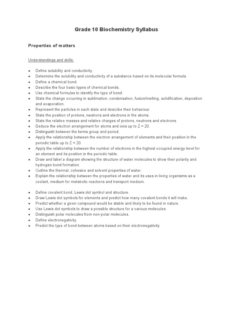 Biochemistry Grade 10 Syllabus | PDF