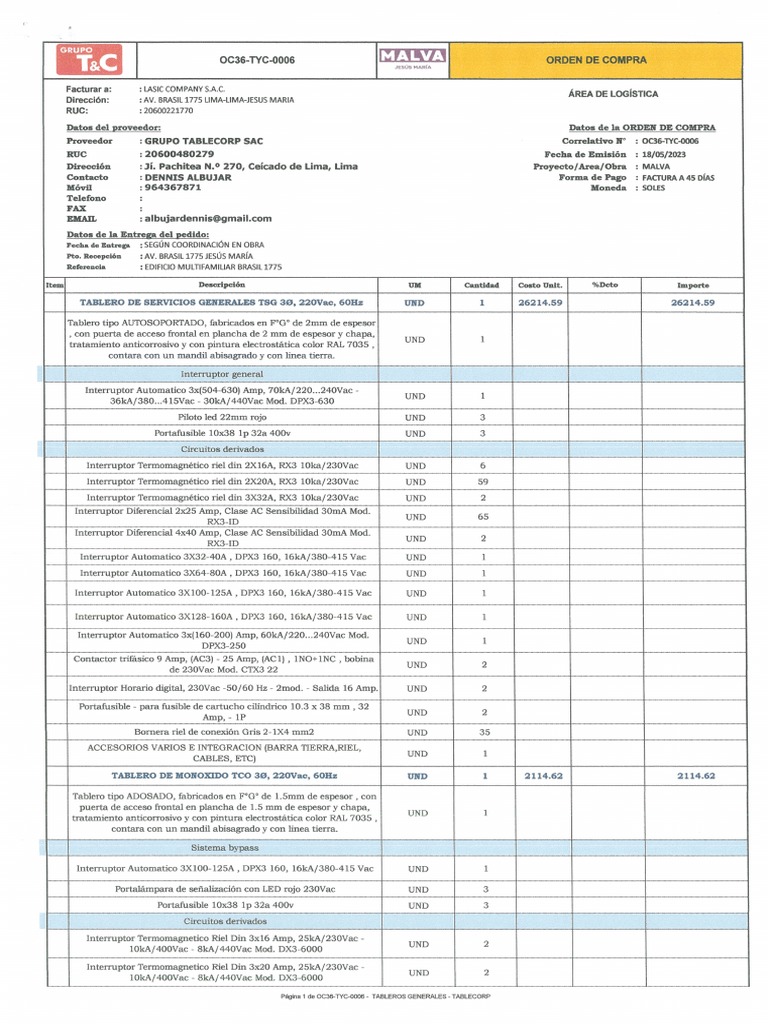 Oc36-Tyc-0006 - Tableros Generales - Tablecorp | PDF