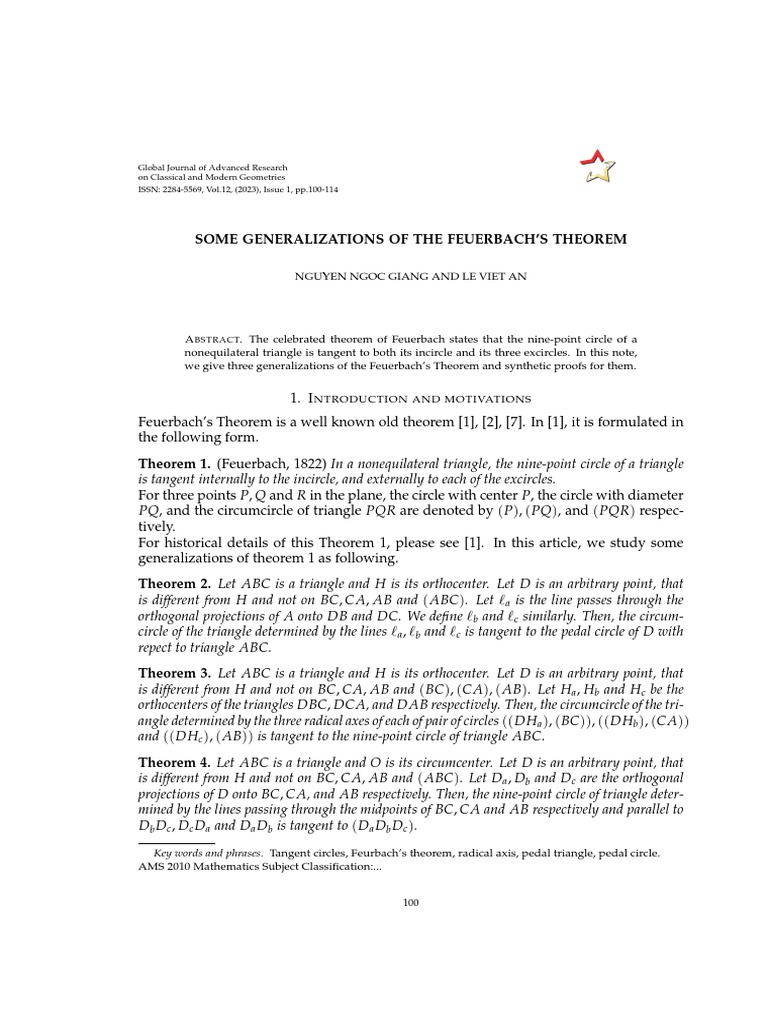 SOME GENERALIZATIONS OF THE FEUERBACH’S THEOREM | PDF | Triangle ...