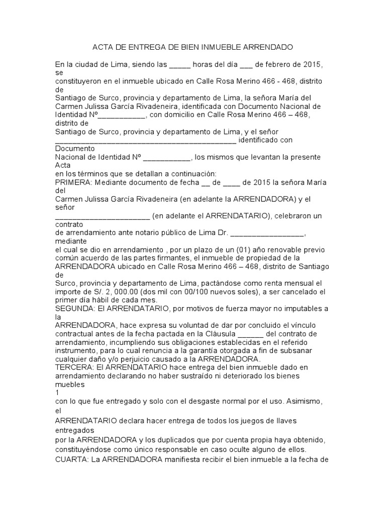 Acta de Entrega de Bien Inmueble Arrendado 3 | PDF | Derecho privado ... Acta de Entrega de Bien Inmueble Arrendado 3 | PDF | Derecho privado ...