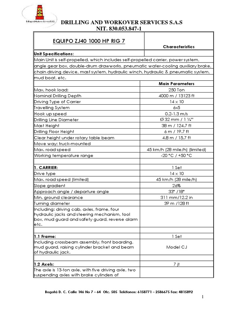 1. Descripcion RIG 7 DWS ZJ40 1000HP | PDF