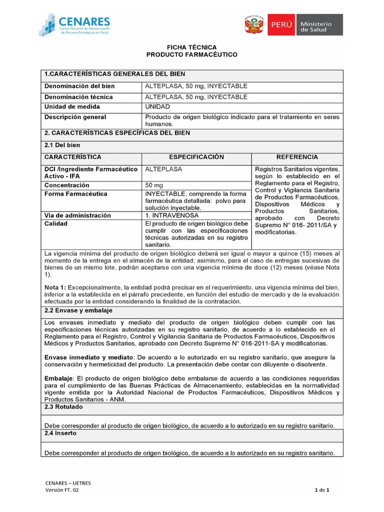 ALTEPLASA, 50 MG, INYECTABLE PDF | PDF