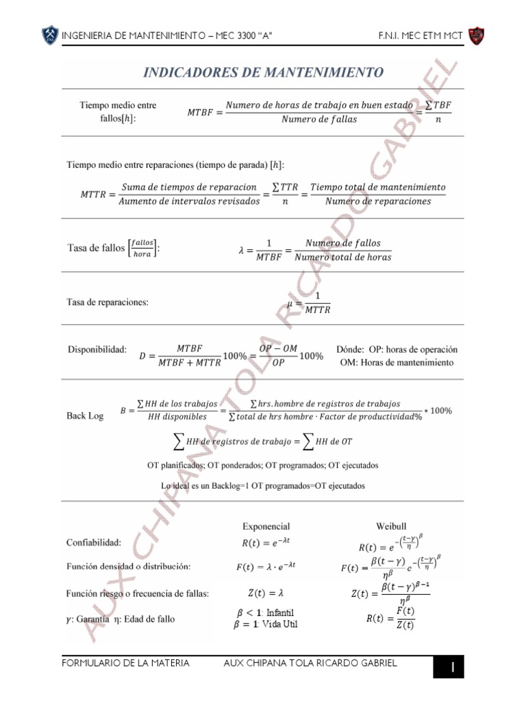 Formulario de La Materia Mec 3300 | PDF | Ingeniería de confiabilidad | Ingeniería