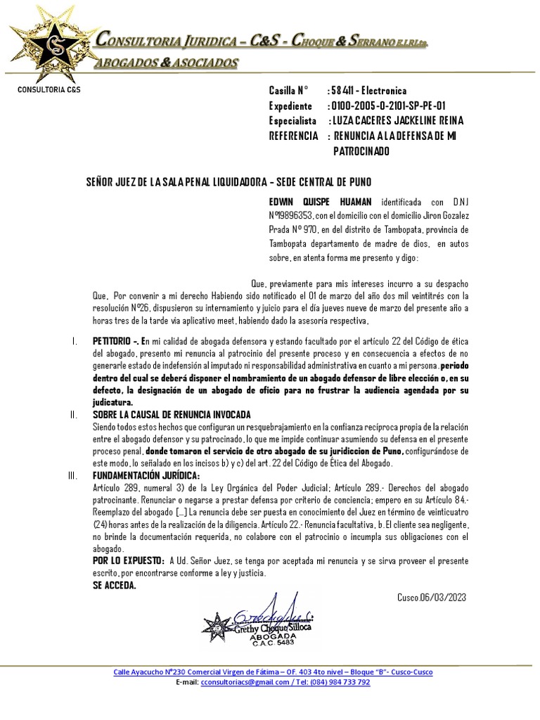 Edwin Quispe Huaman - Renuncia de Mi Patrocinio | PDF | Justicia | Crimen y violencia
