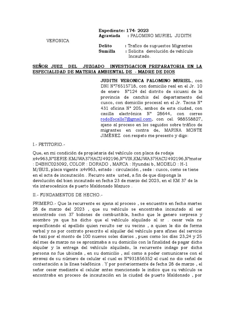 Devolucion de Vehiculo Modelo | PDF | Derecho penal | Ley procesal