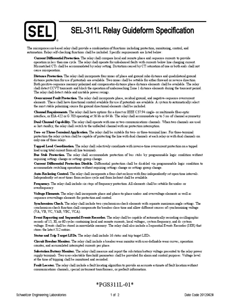 SEL-311L Relay Guideform Specification | PDF | Relay | Electronics