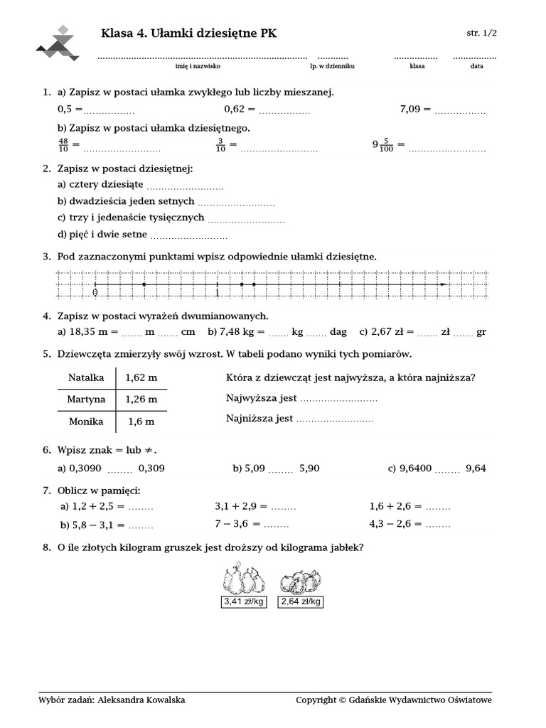 Sprawdzian Matematyka Klasa 5 Ułamki Dziesiętne Nowa Era