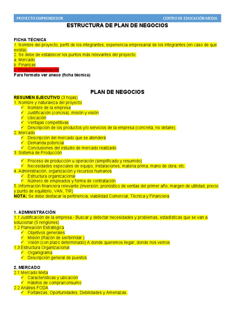 Estructura Plan de Negocios-2 | PDF | Mercado (economía) | Iniciativa ...