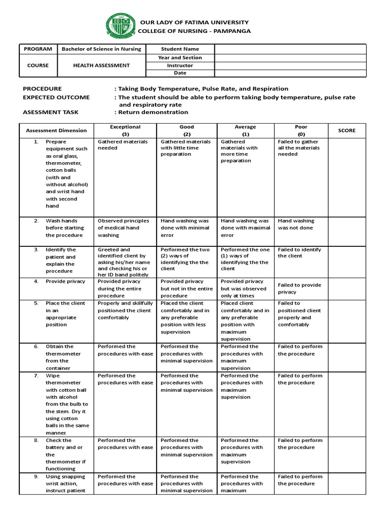Health Assessment Rubrics | PDF | Anatomical Terms Of Motion | Pulse