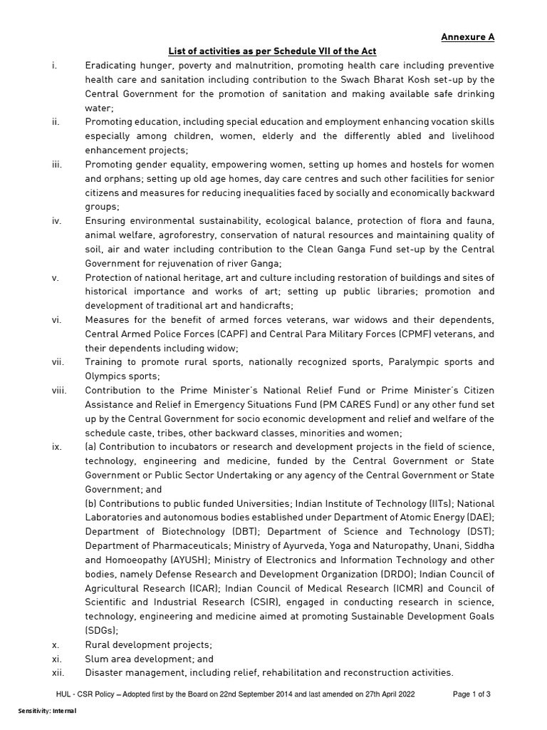 CSR HUL - Policy - Annexure - A - and - B - XD8zlE | PDF | Corporate ...