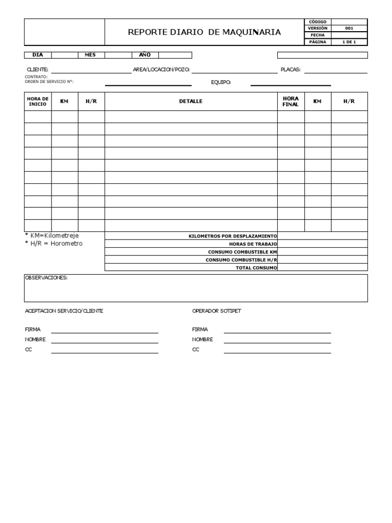 R-P-SI-011 REPORTE DIARIO DE MAQUINARIA | PDF