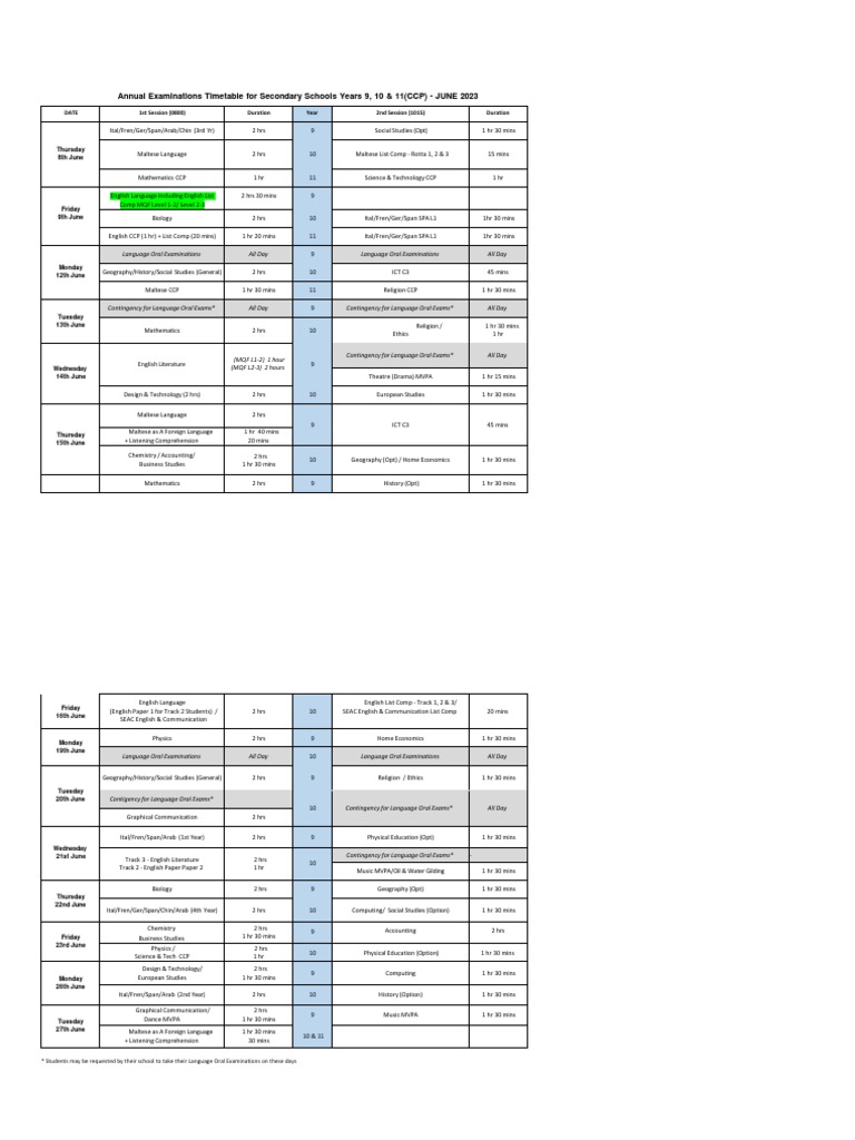 June 2023 Secondary Exam Timetable | PDF | Human Resources