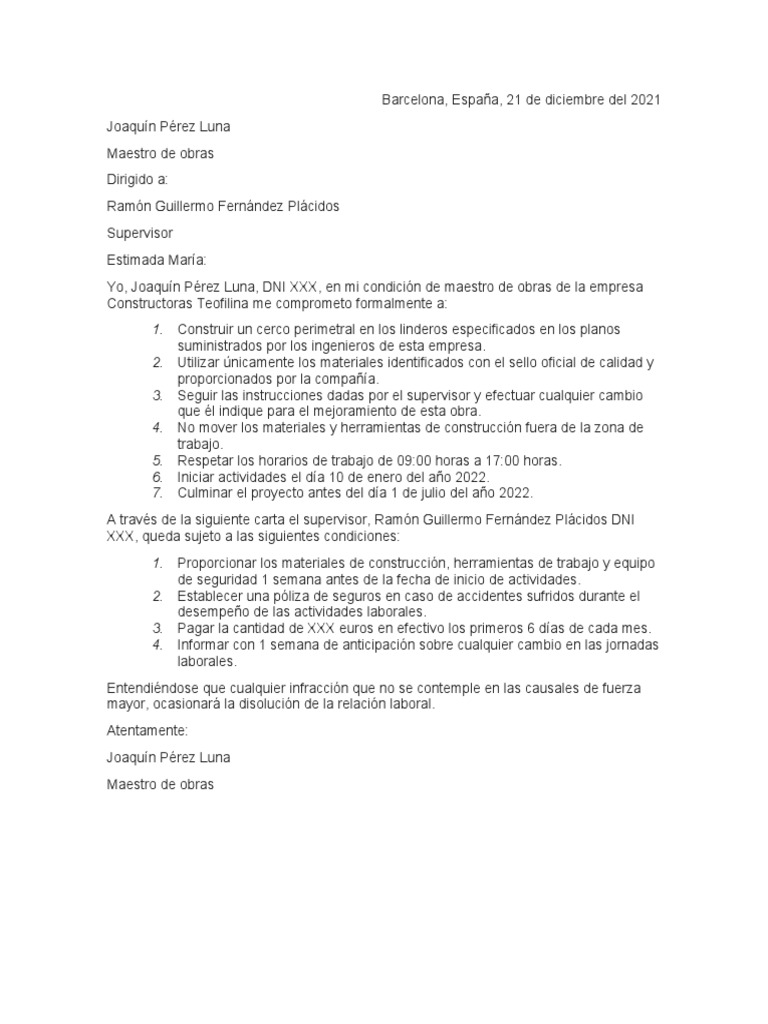 Carta de Compromiso Laboral | PDF