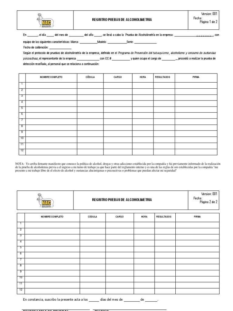 Formato Registro Prueba de Alcoholimetría | PDF | Alcoholismo | Drogas ...