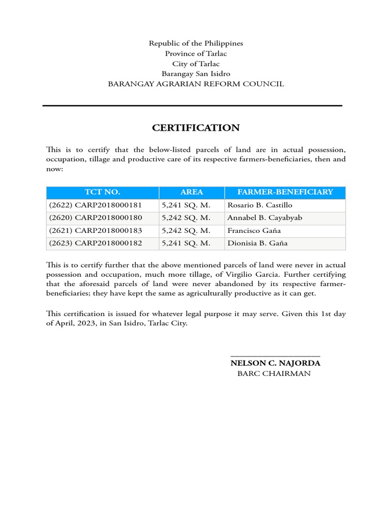 Certification Rudy Ocampo Barc Chairman | PDF