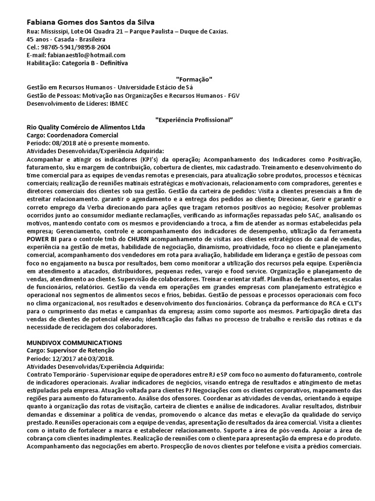 Fabiana Gomes Dos Santos Da Silva - CV | Download grátis PDF | Gestão ...