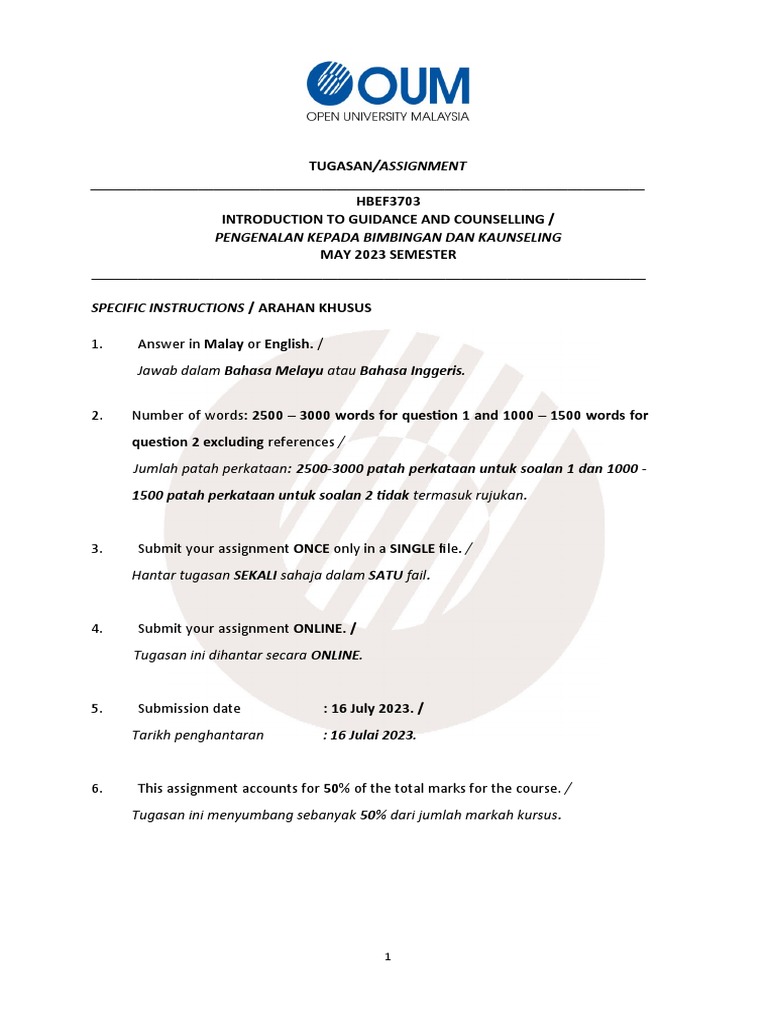 Tugasan/Assignment HBEF3703 Introduction To Guidance and Counselling / May 2023 Semester | PDF