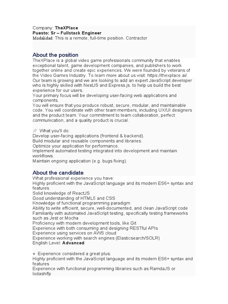 Sr Fullstack Engineer at TheXPlace | PDF