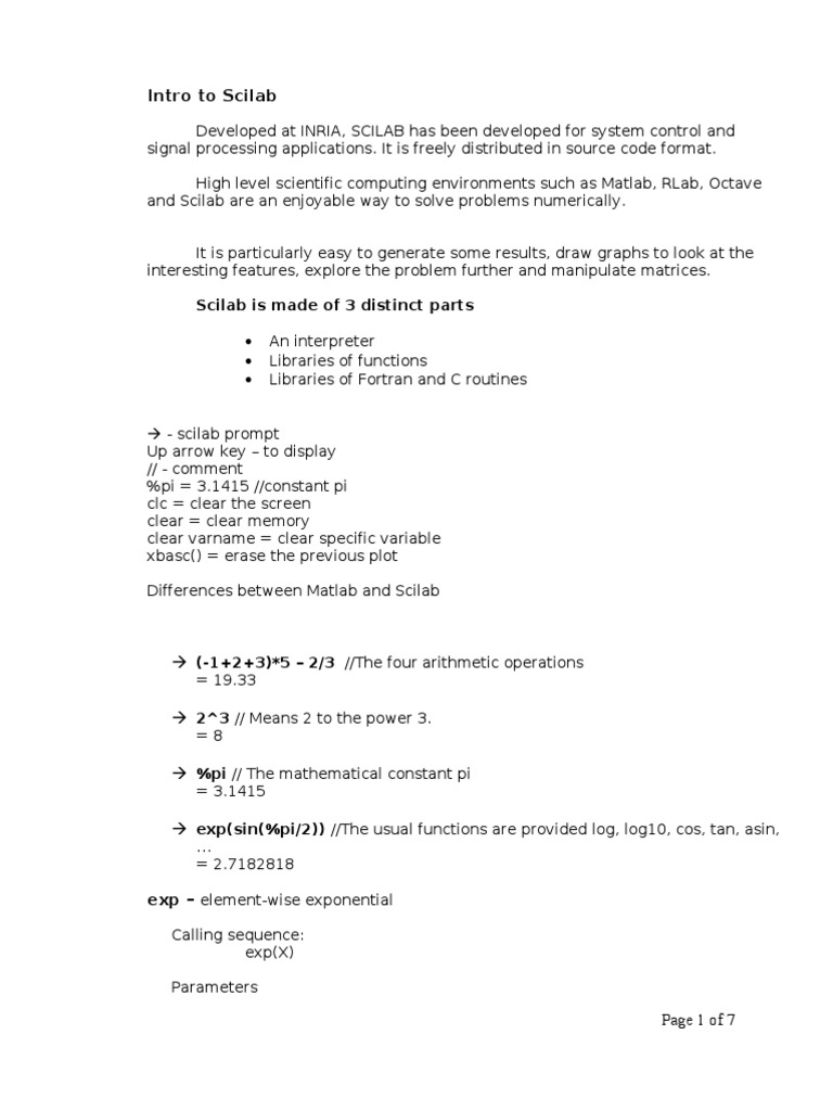 Scilab Basics for Engineers | PDF | Exponential Function | Matrix (Mathematics)