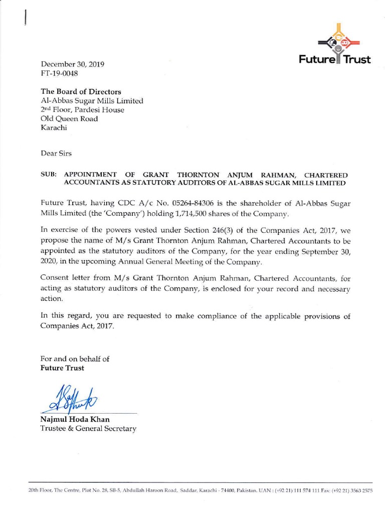 Consent Letter To Act As Statutory Auditors | PDF