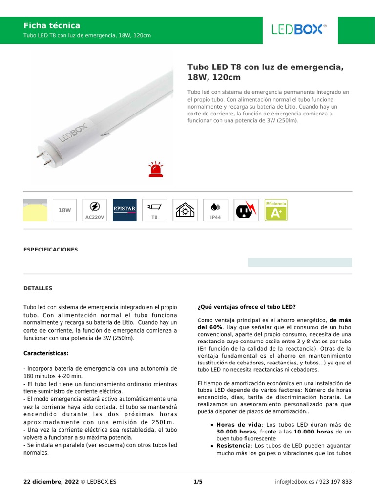 Tubo LED T8 Con Luz de Emergencia, 18W, 120cm | PDF | Lámpara ...