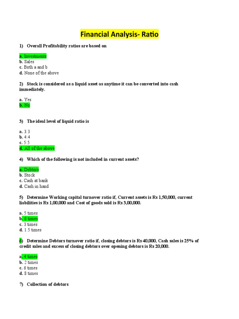 Ratio Analysis MCQs and Answers | PDF | Net Income | Gross Margin
