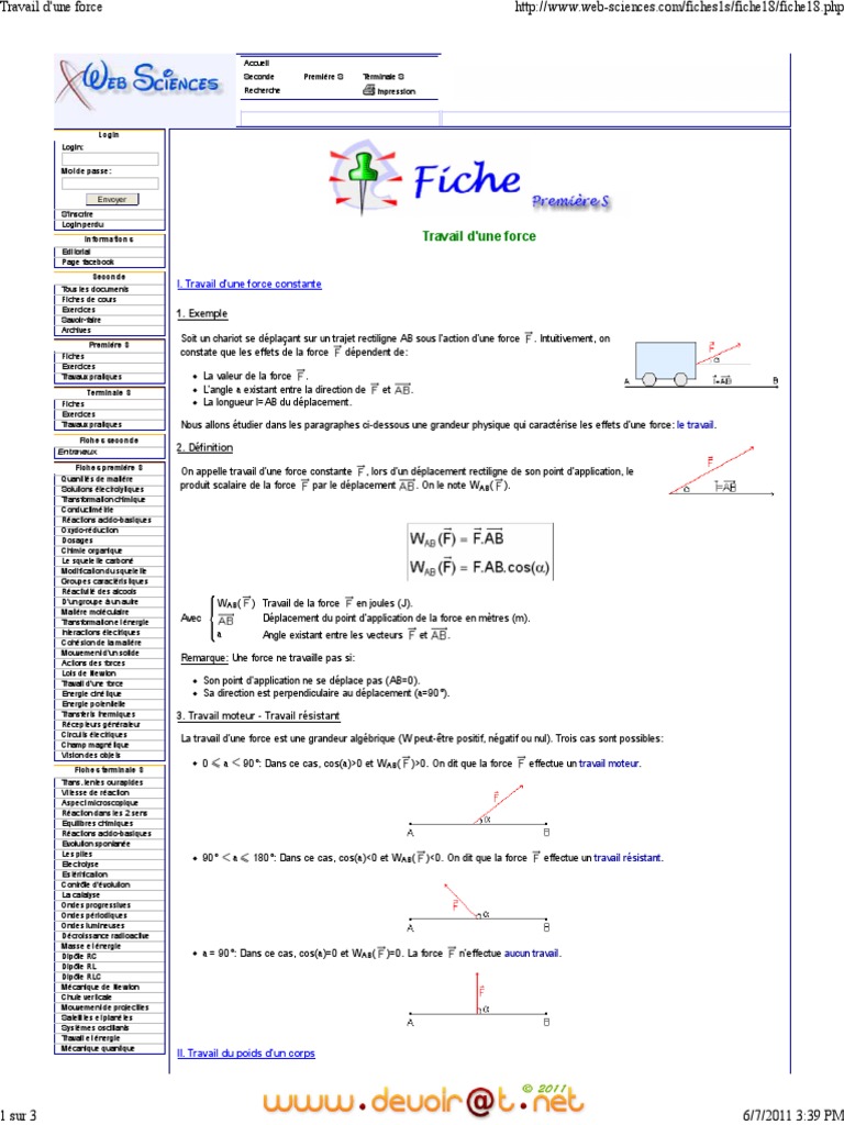 Cours - Sciences Physiques Travail Et Puissance - 2ème Sciences (2010-2011) MR Mouhemed 2 | PDF