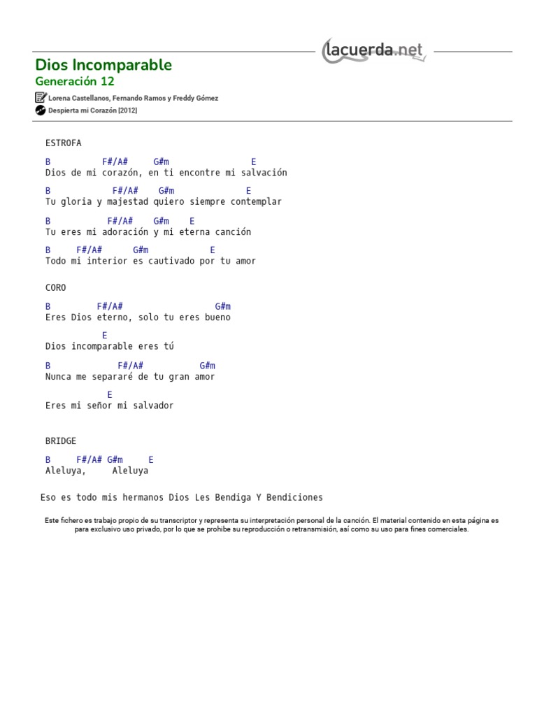 DIOS INCOMPARABLE, Generación 12 - Acordes | PDF