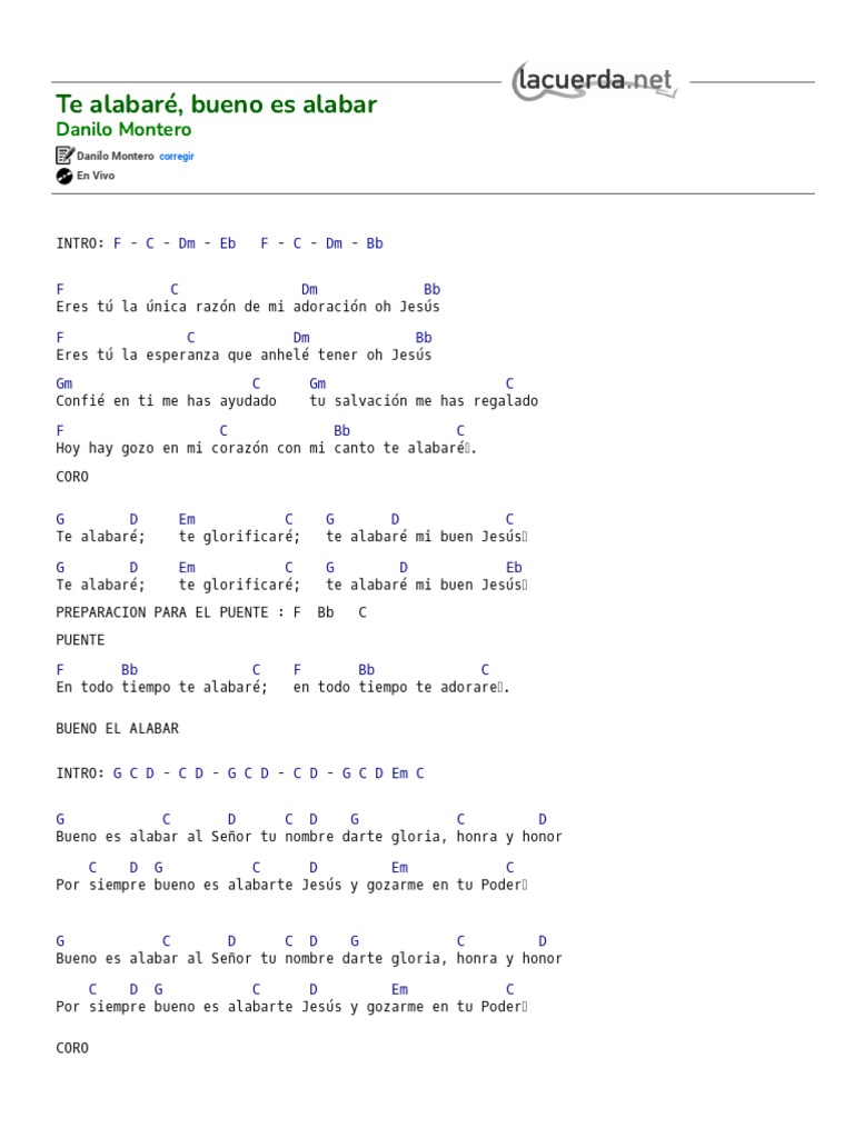 TE ALABARE, BUENO ES ALABAR, Danilo Montero - Acordes | PDF
