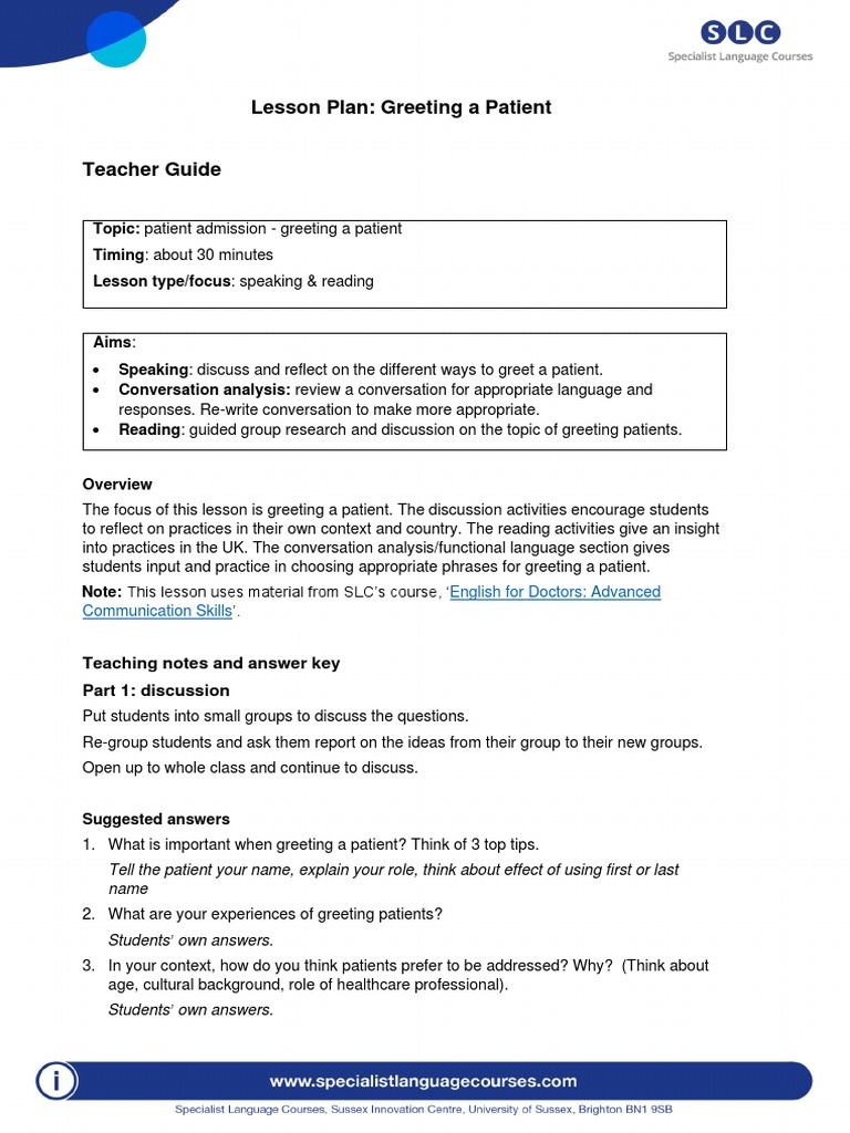 Lesson Plan - Greeting A Patient | PDF | Lesson Plan | Patient